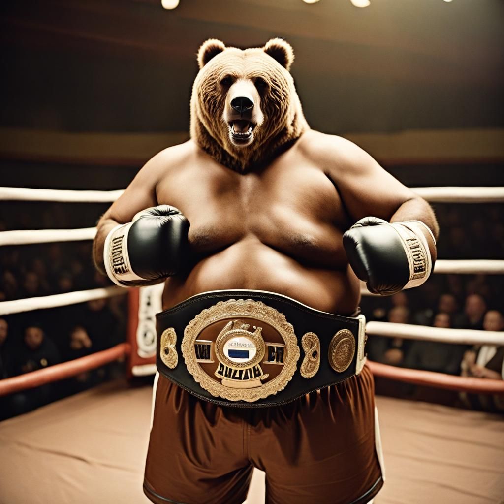An Obese Grizzly Bear Boxer, in the ring Holding up the Heavyweight ...