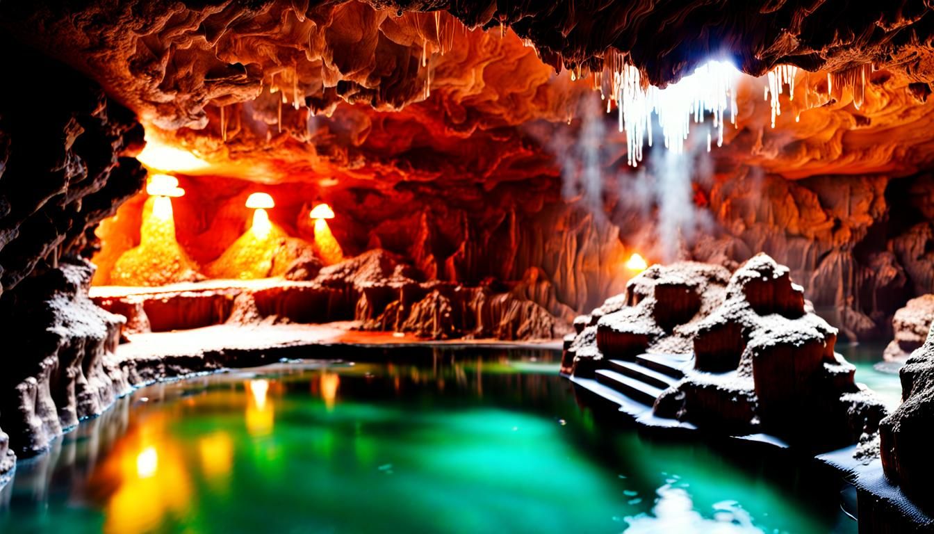 underground volcanic spring , mud bath spa , crystals on the cave walls ...