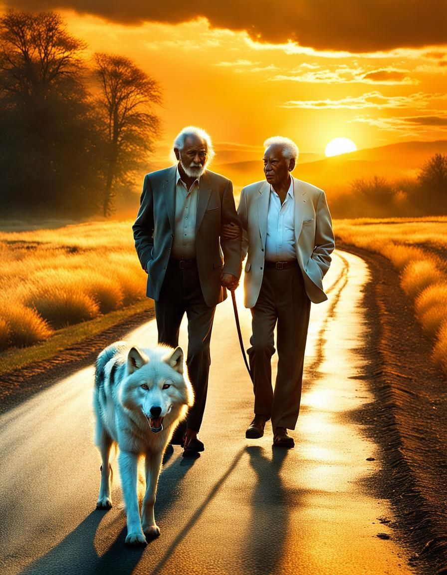 A stunning white wolf walking with one thin-haired elderly man down a ...