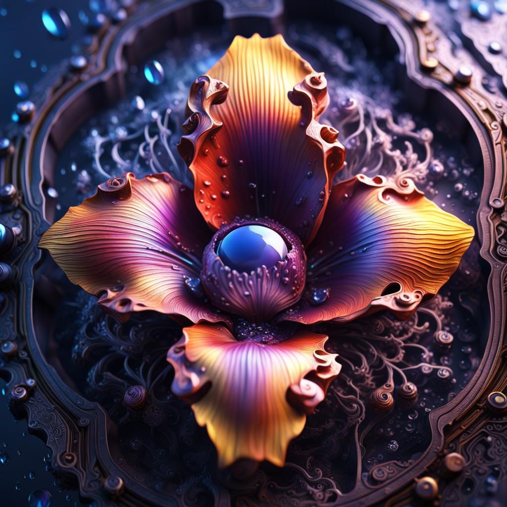 Mechanical metal iris flower with intricate carvings in a colorful ...
