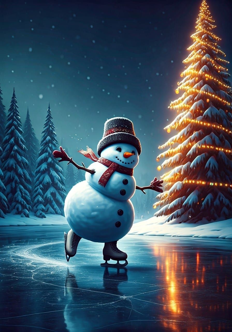 A snowman skates on the ice of a lake