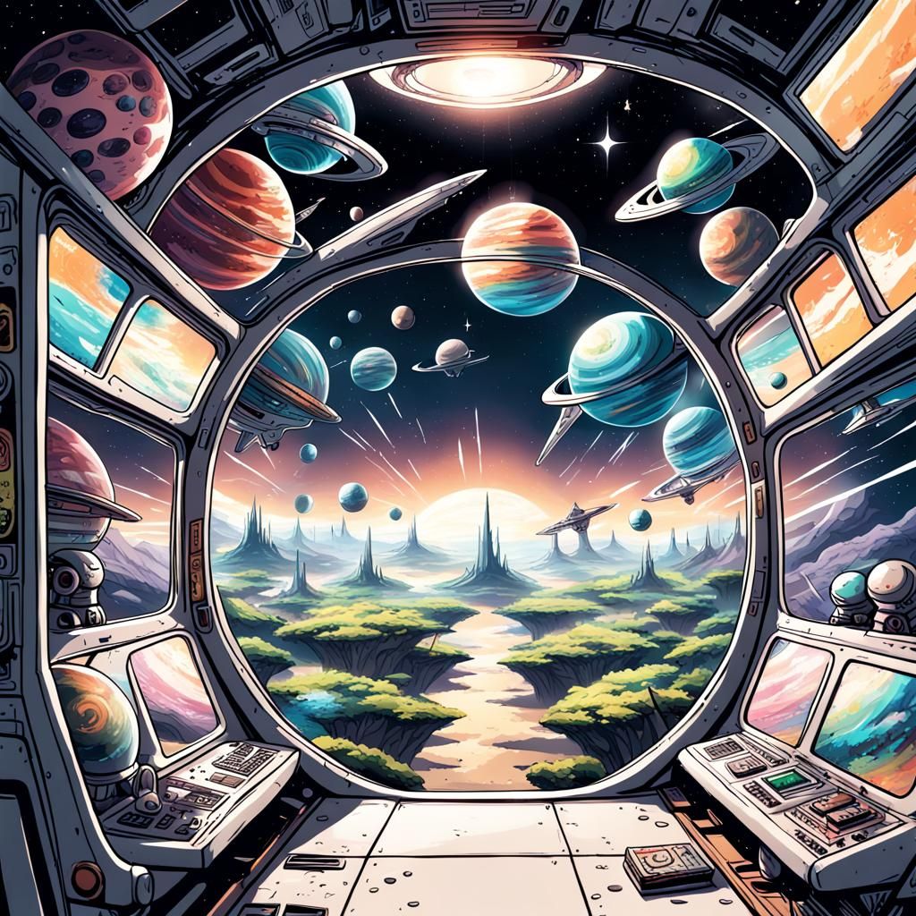 space landscape with alien ships and planets seen from a spaceship ...