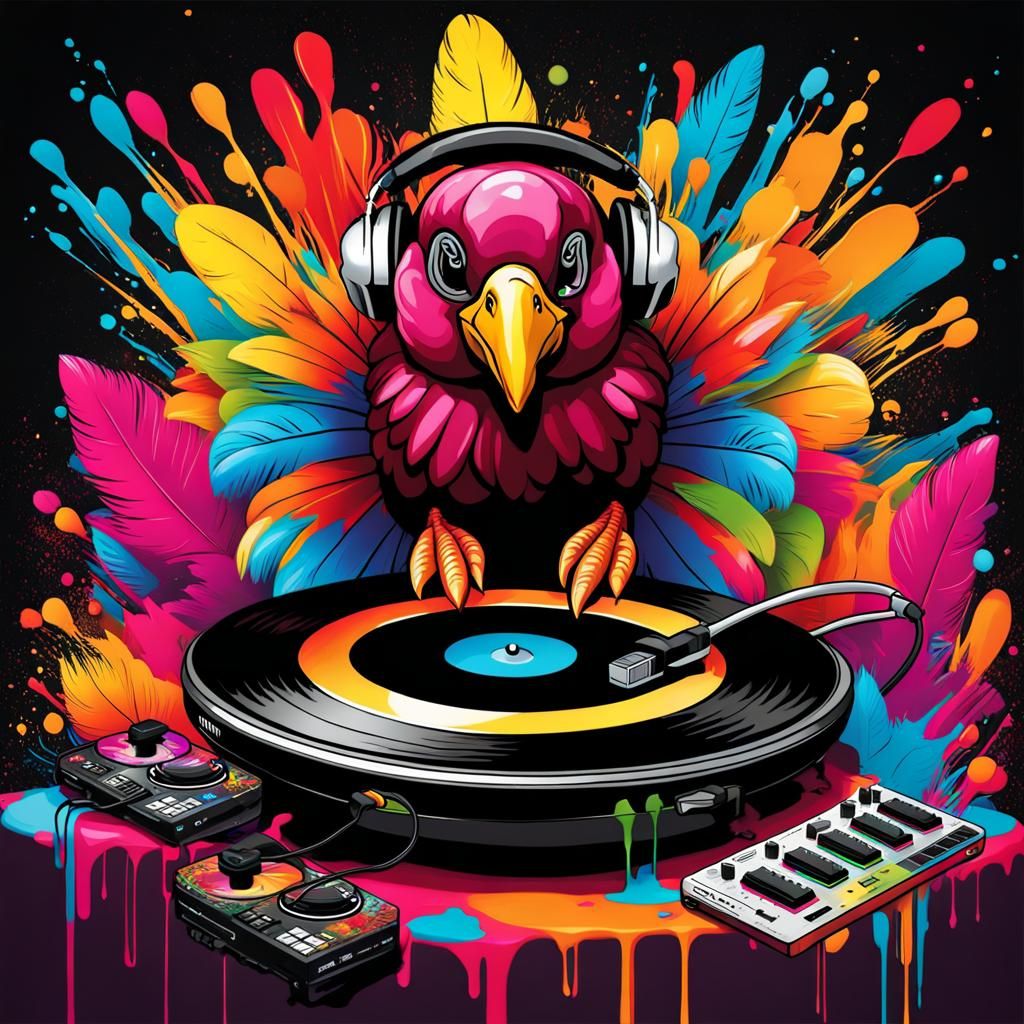 A Thanksgiving turkey djing at a pair of pioneer CDJs with headphones ...