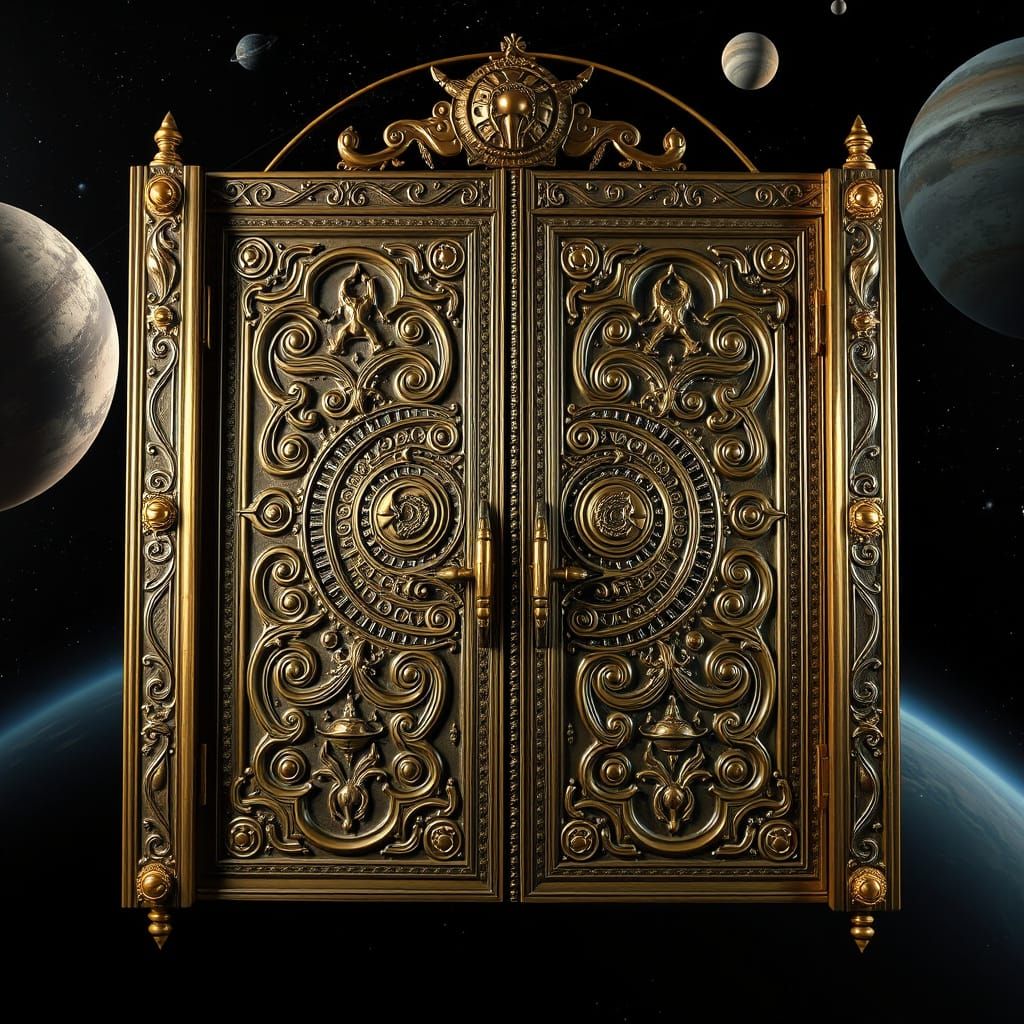 Celestial Brass Doors in Space, Biomechanical Art - AI Art