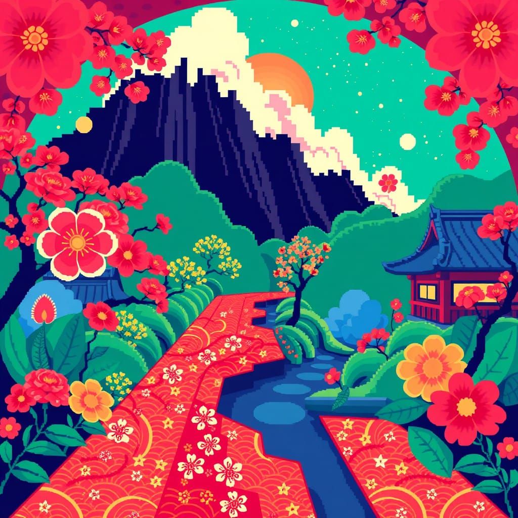 Pixel Art Retro Computer Game in Hanafuda Style - AI Art