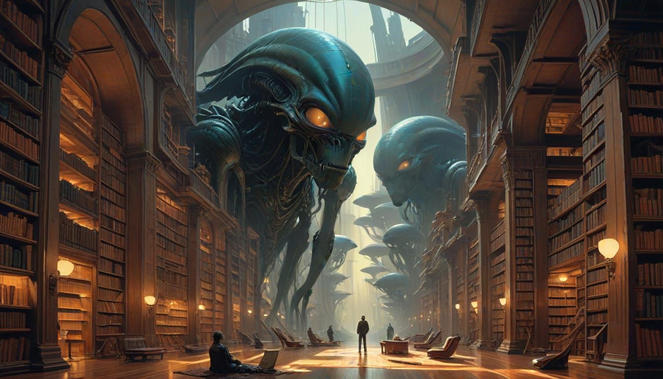 Humongous Alien Library - Aliens Amidst a Futuristic Librar...