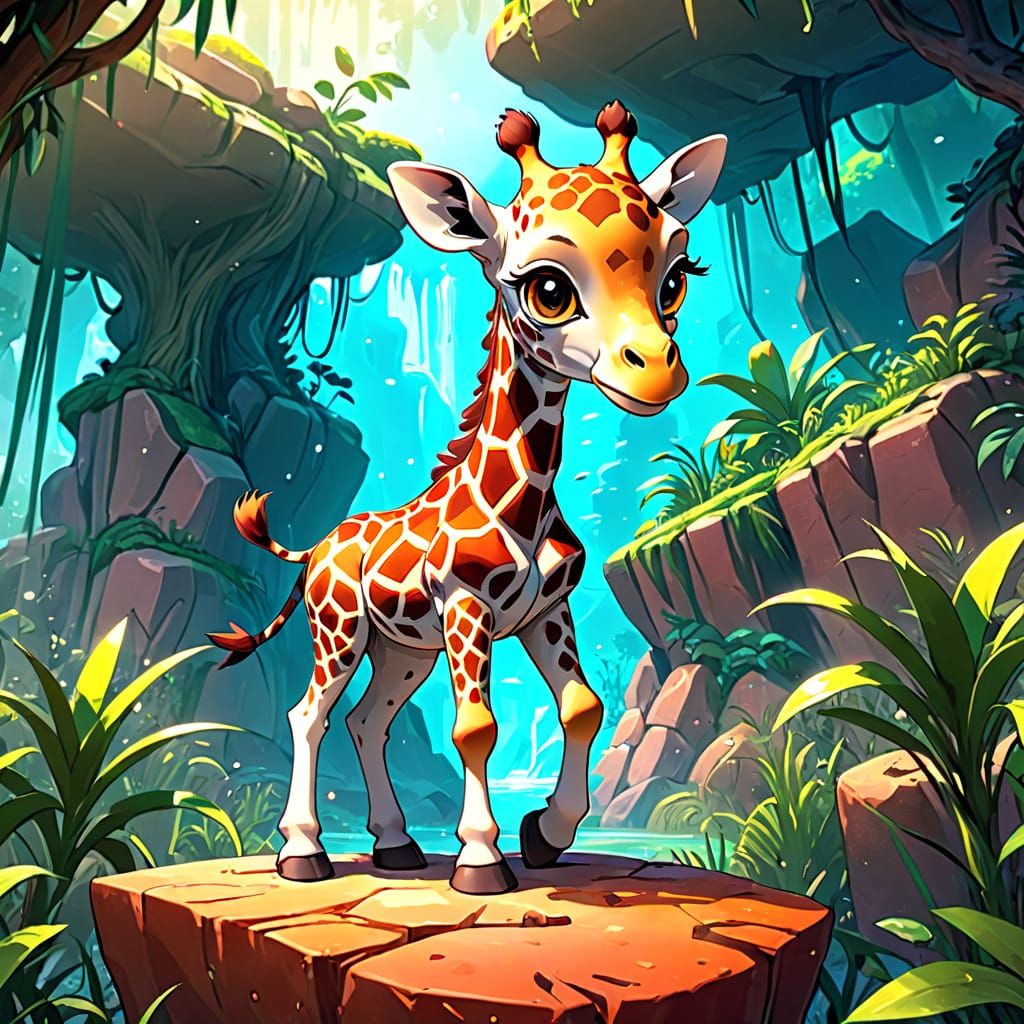 Baby Jeffrey - Chibi Giraffe Amidst Vibrant Jungle in Golden...