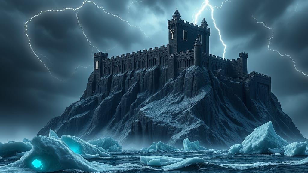 Obsidian Castle Amidst Arctic Storm in Eerie, Drea... - AI Art