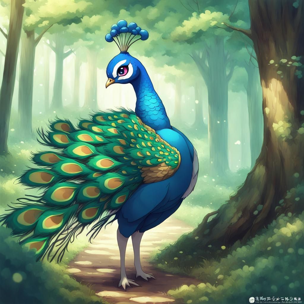 cute chibi peacock in the forest - AI Generated Artwork - NightCafe Creator