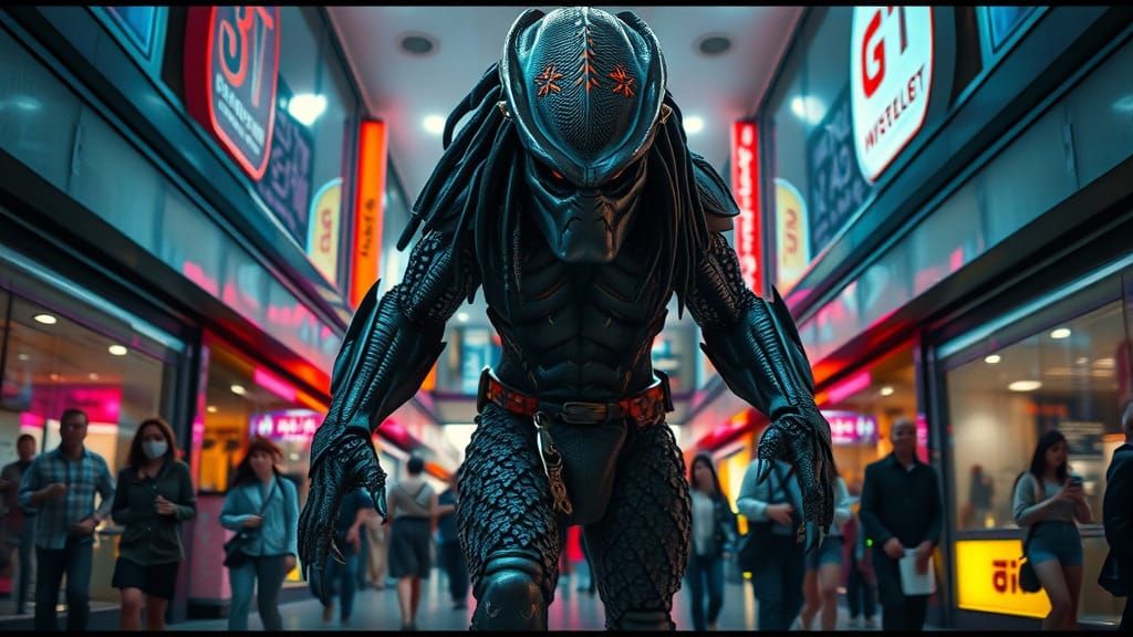 Cyberpunk Predator Strides Through Gritty Mall Sce... - AI Art