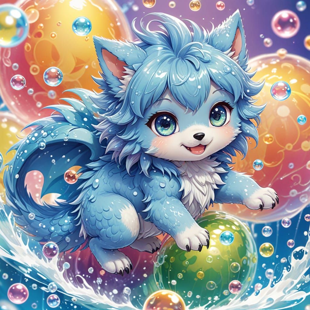 Cute Chibi Wolf Dragon Surrounded by Water Bubbles... - AI Art