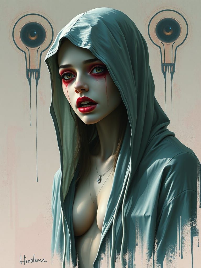 (Pastel-Surrealist-Horror:1.6) She was a homicidal horrifying (Hooded-Figure:1.9) (Beautifully ...