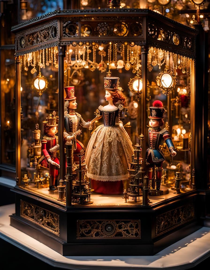 Intricate and detailed steampunk automaton store window Christmas ...