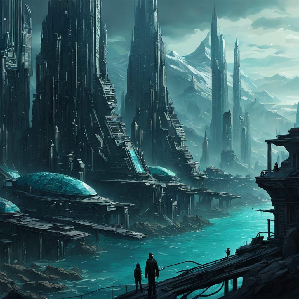 sci fi mining rig in an ocean lake - Cyberpunk Metropolis wi...