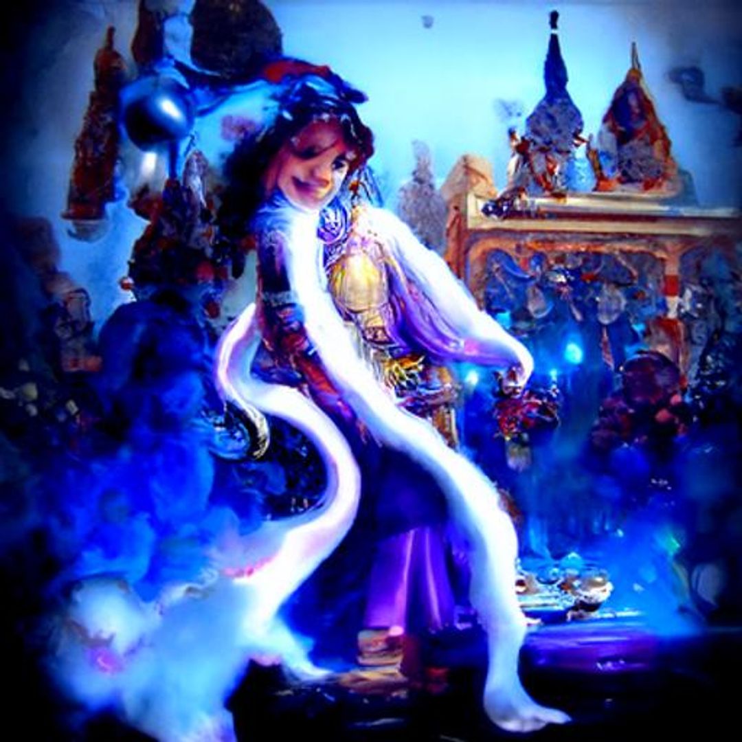 Female djinn dancing before a young human prince, who is pleasantly ...