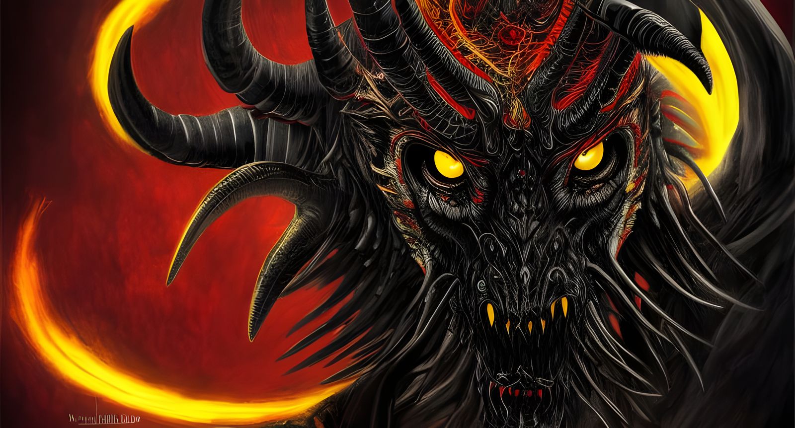 Full portrait of a black scaled devil with long curved horns and eyes ...