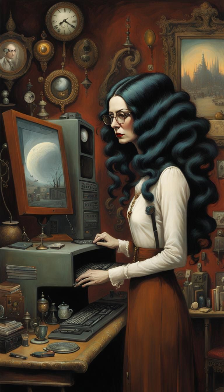 eccentric mother with loose wavy brown hair standing at the computer in ...