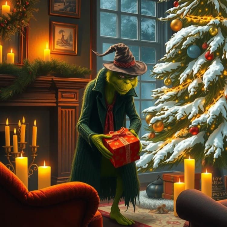 grinch stealing presents under christmas tree
