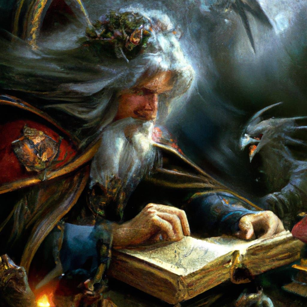 Merlin reading a book of spells : r/nightcafe