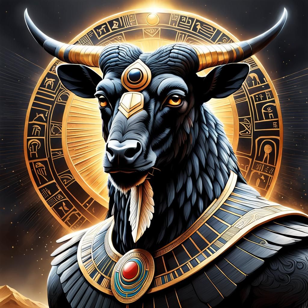 Apis the ancient Egyptian deity, was depicted as a sacred bull. He has ...