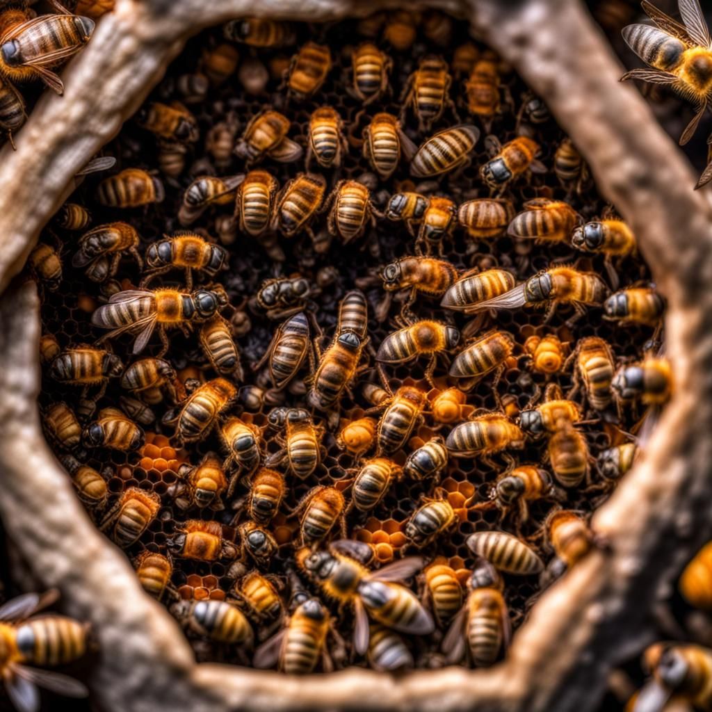 inside a beehive, intricate beehive, bees, elaborate details, fantasy ...