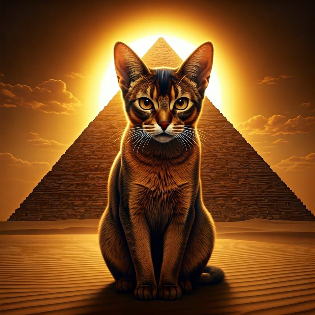 An Egyptian Abyssinian cat in front of a pyramid with a large sun and ...
