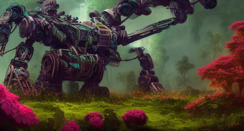 Giant Battle Mech in overgrown garden - AI Generated Artwork ...
