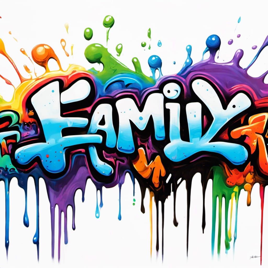 the word "Family" in graffiti art, splash art, street art, spray paint ...