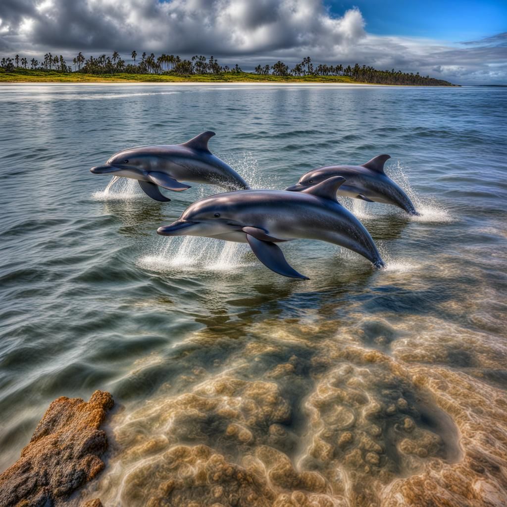 Dolphins in a tidal pool near the shore, intricate details, beautifully ...