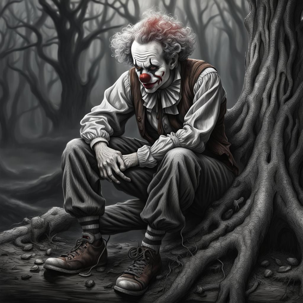 high detail black and white pencil drawing of a depressed clown with a ...