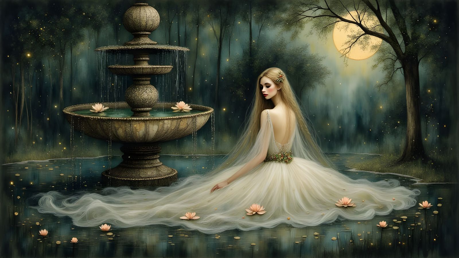 Moonlit Nymph Emerges: A Pre-Raphaelite Vision - AI Art