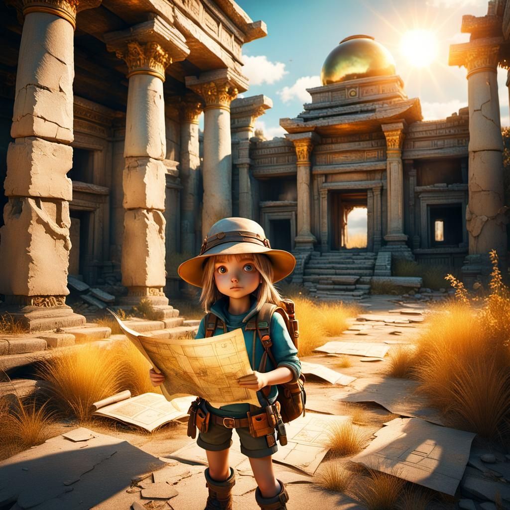 A cute little girl explorer outside of an abandoned ritualistic temple ...