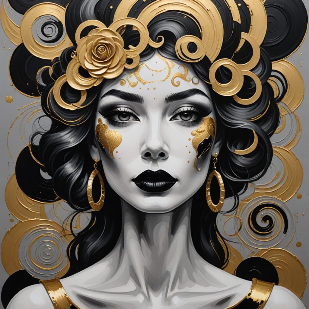 Abstract black and white shapes with gold accents, a woman's face in ...