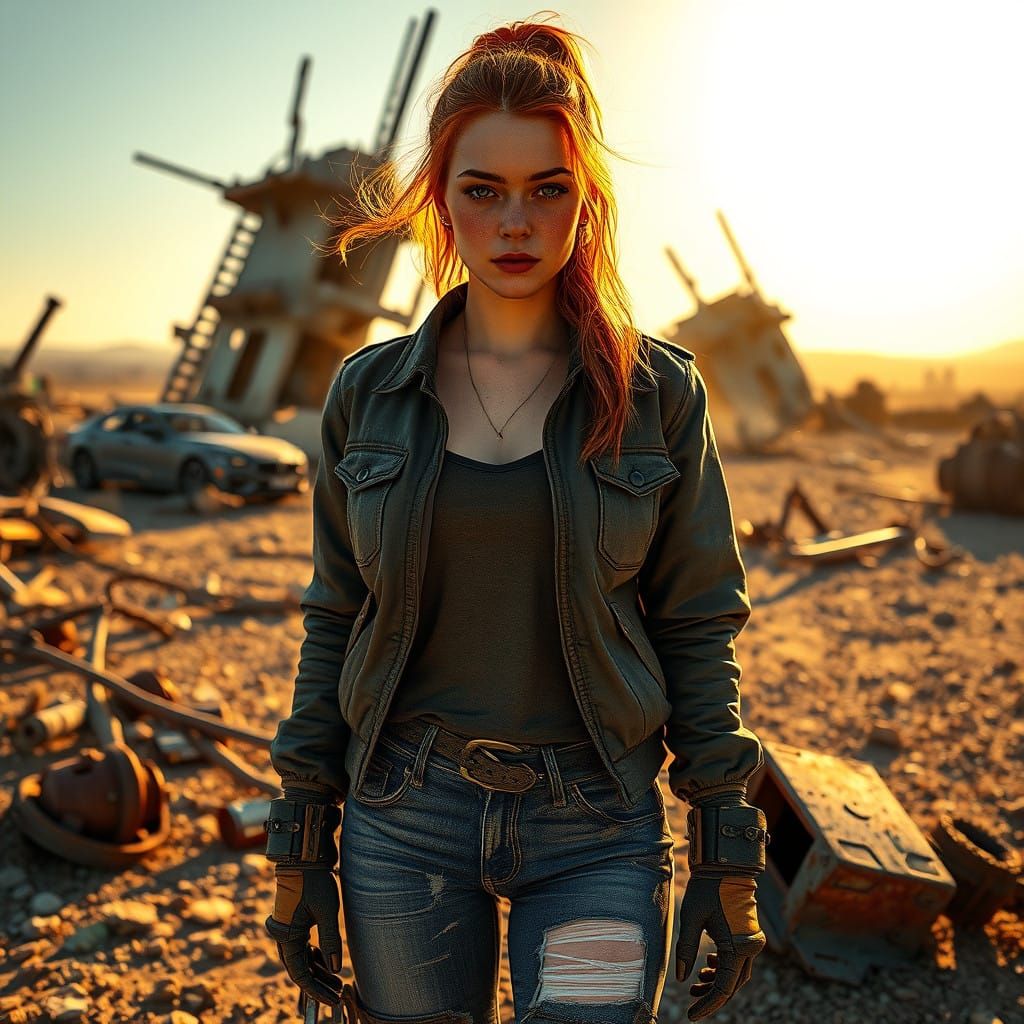 Gritty Post-Apocalyptic Beauty with Red-Haired War... - AI Art