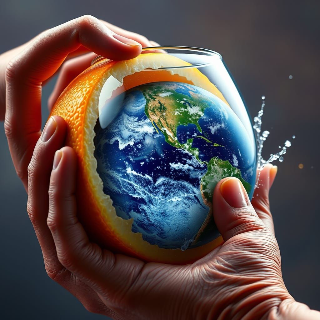 half an Earth is being squeezed like an orange using an old fashioned ...