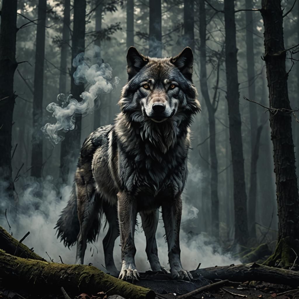 a wolf made out of smoke and misty shadows, in a dark forest, extremely ...