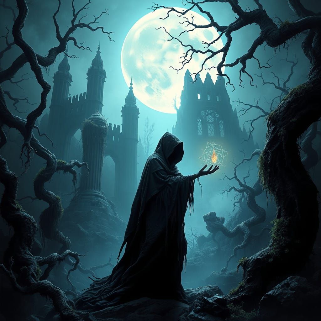 Ethereal Moonlit Witch amidst Biomechanical Ruins - AI Art