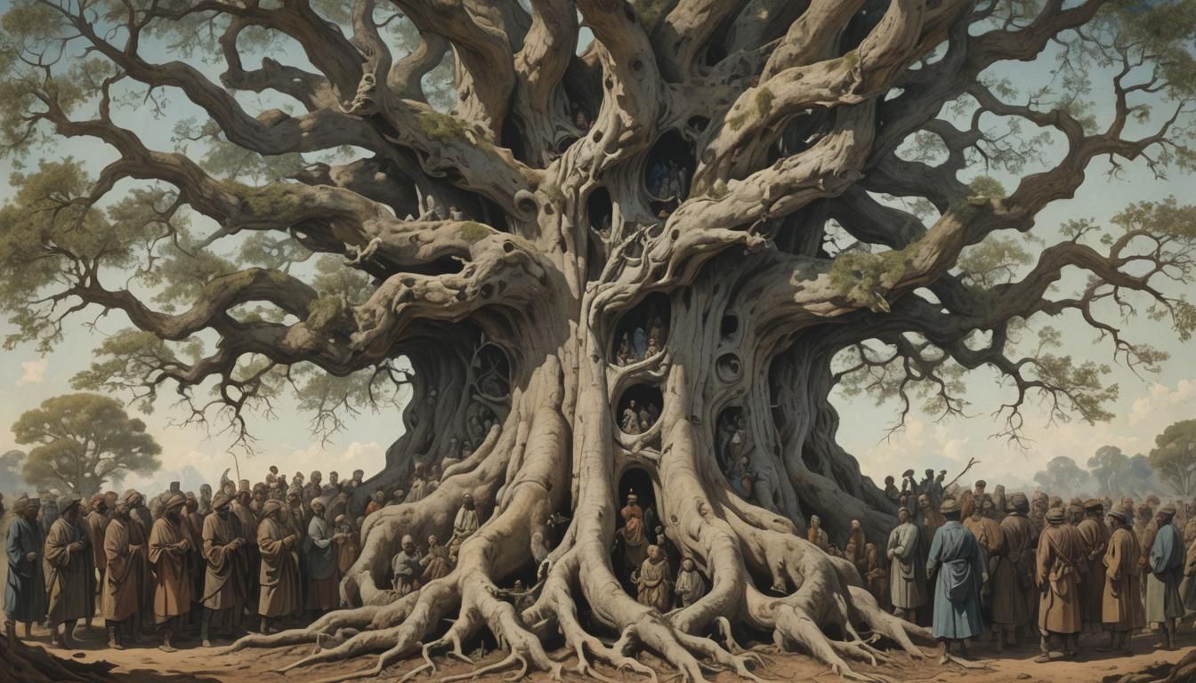 The image displays a large, old tree with multiple human-like figures ...