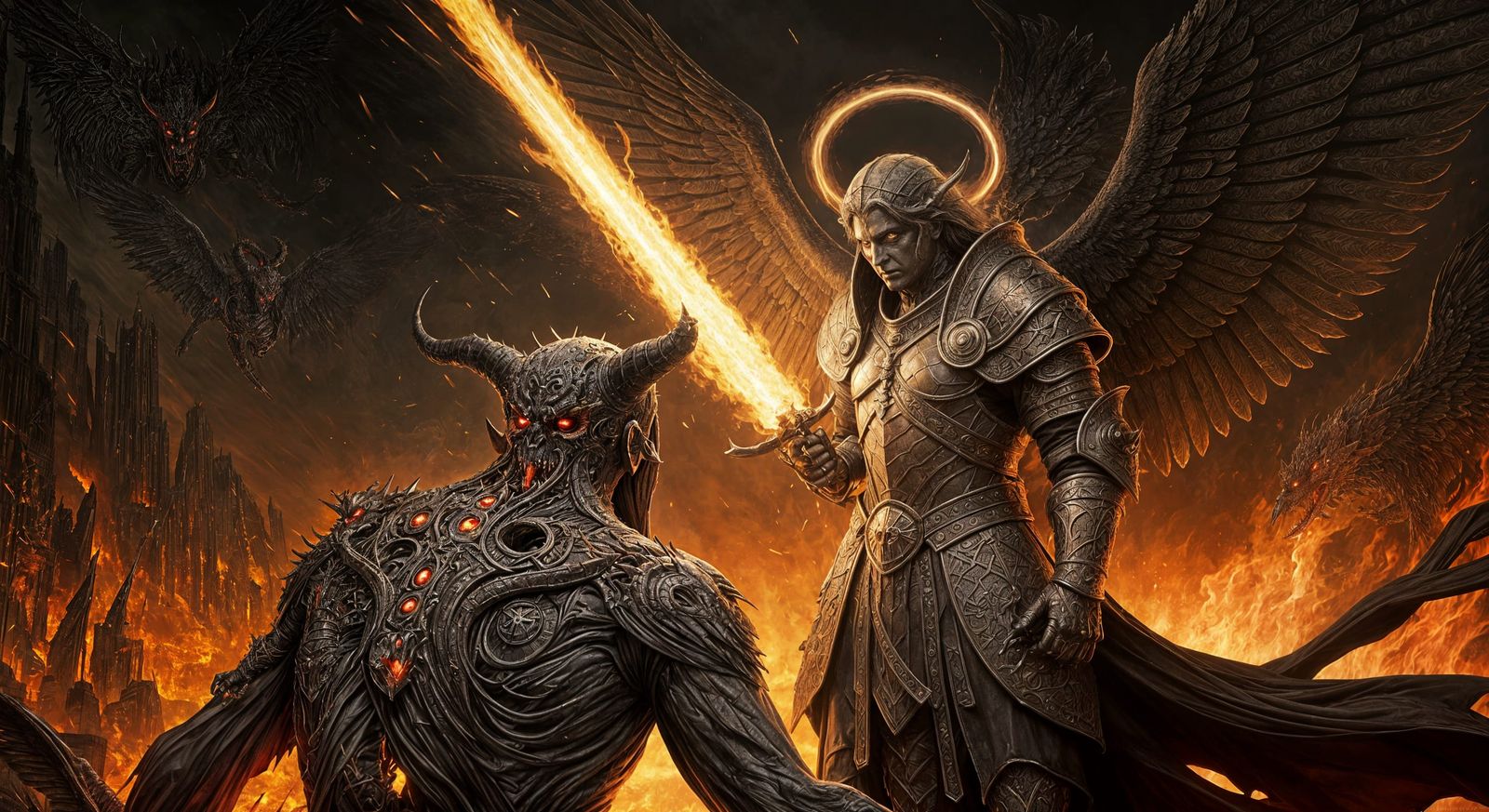 Twisted Demon Confronts Golden Archangel in a Hell... - AI Art