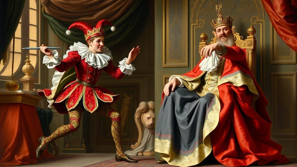 Jester's Joyful Dance Before the Crowned King - AI Art