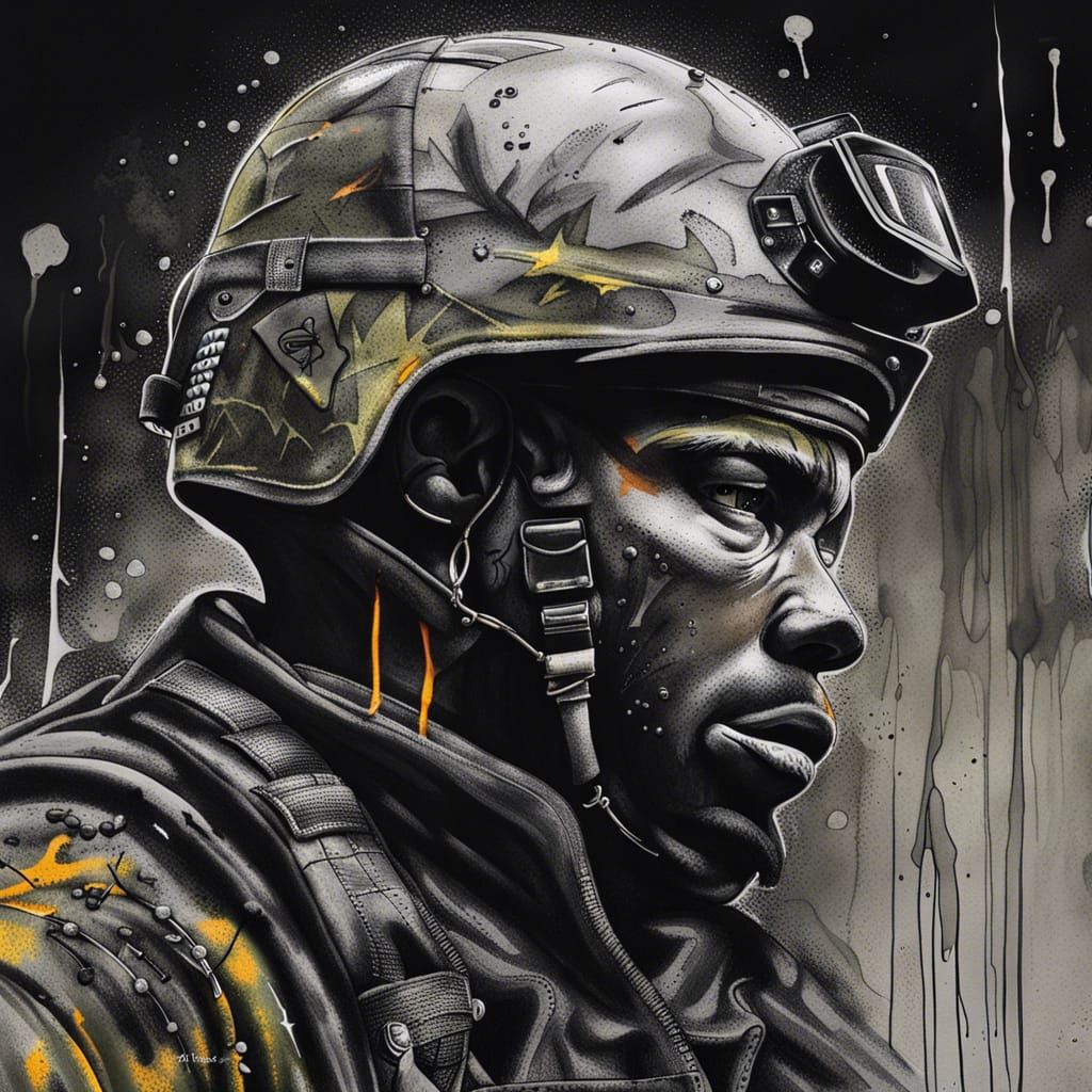 Charcoal portrait of special operations military male, graffiti art ...