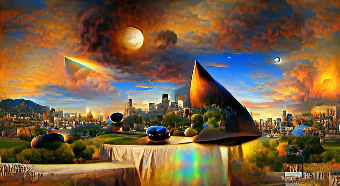 Hyperdetailed, Maxfield Parrish, horizon view of city skyline at magic ...