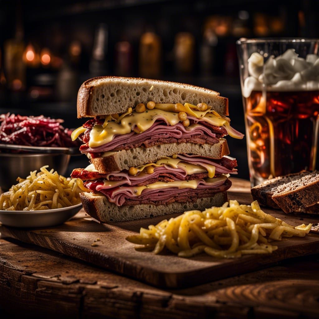Reuben piled high with pastrami, sauerkraut, Swiss cheese, and mustard ...