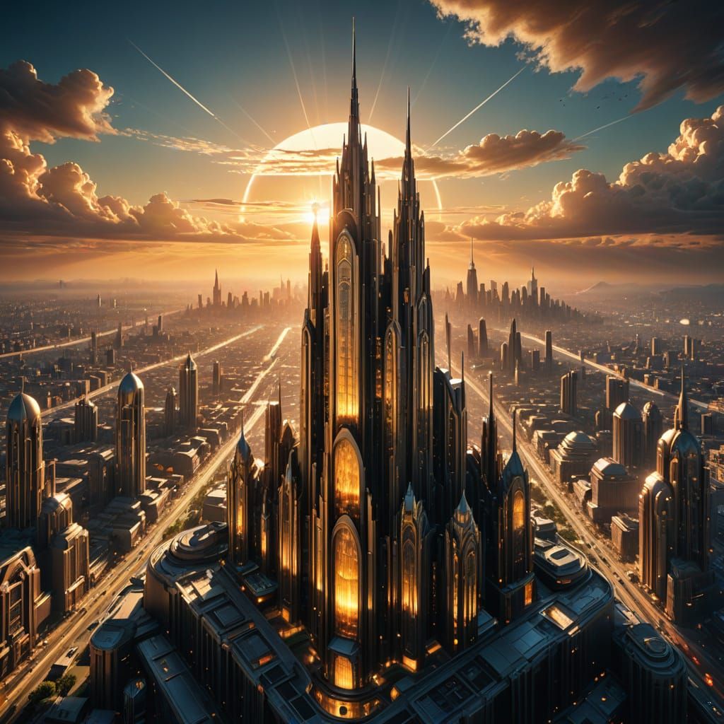 The Grand Deco Spire - Ethereal Art Deco Metropolis at Dusk