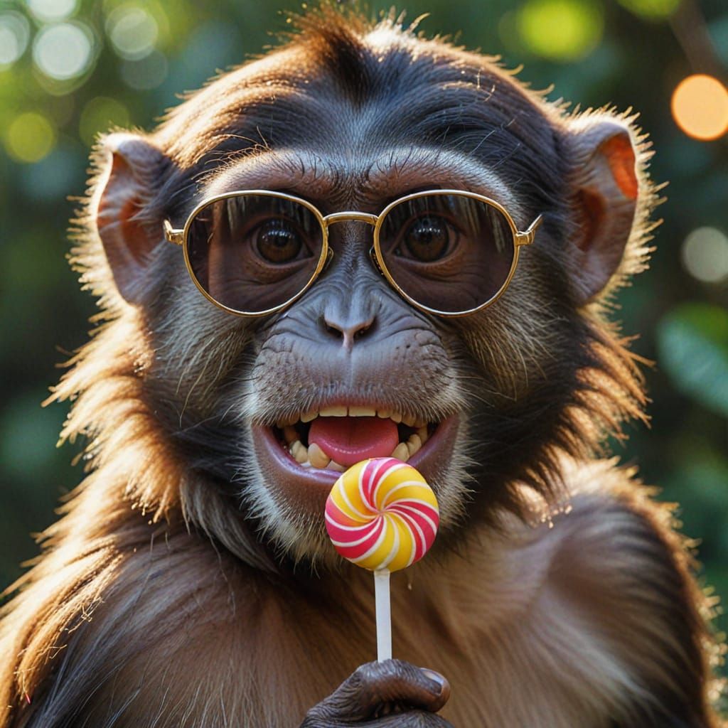 Monkey in Trendy Shades with Lollipop, Captured in... - AI Art