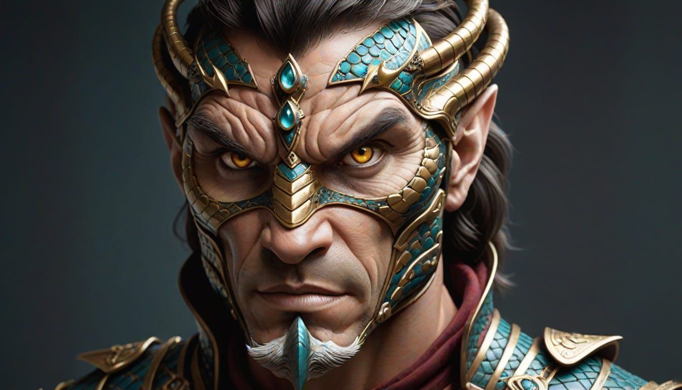 A torquoise scaled anthropomorphic snake man knight wearing fine armor