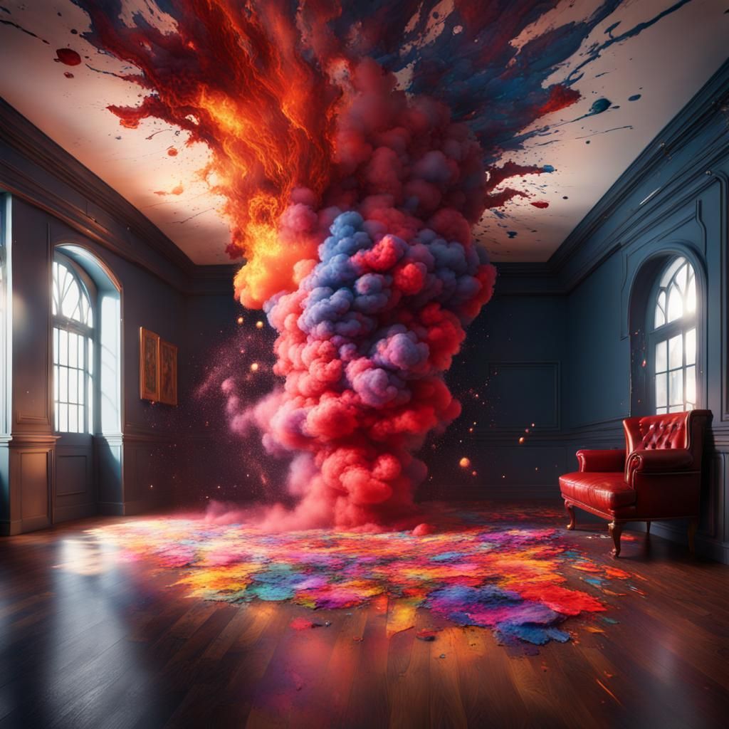 A bomb full of paint exploding and creating a mural along the walls ...
