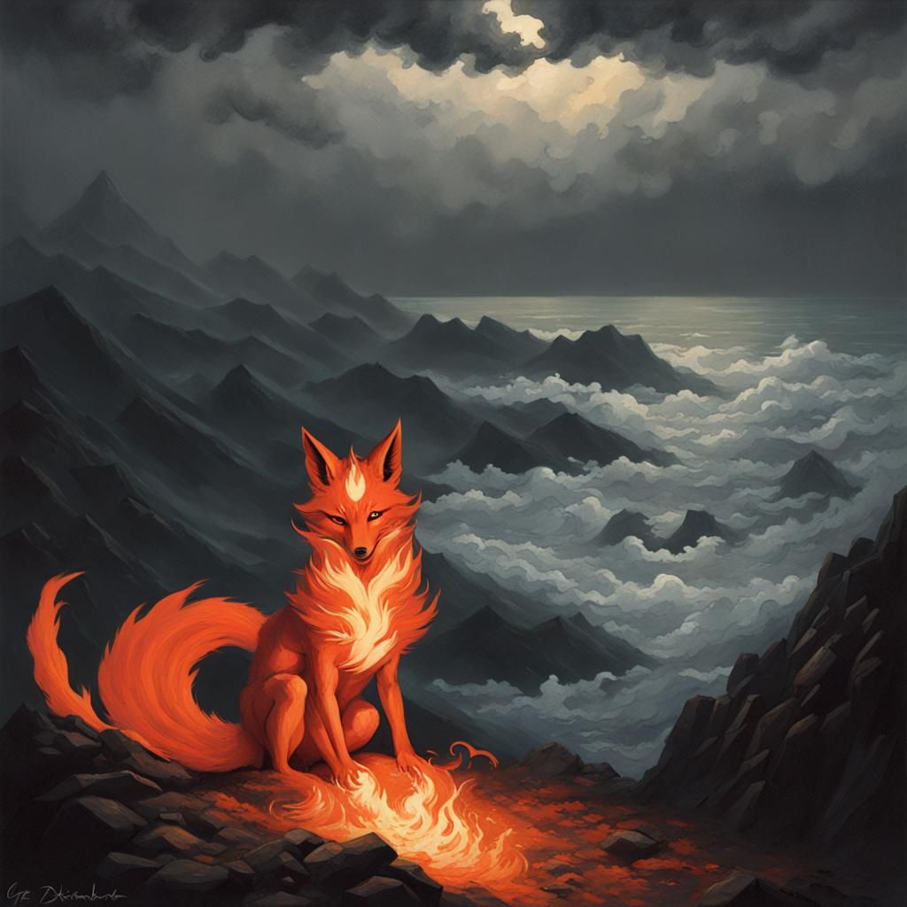 A fire surrounded kitsune on a hill near a stormy sea - AI Generated ...