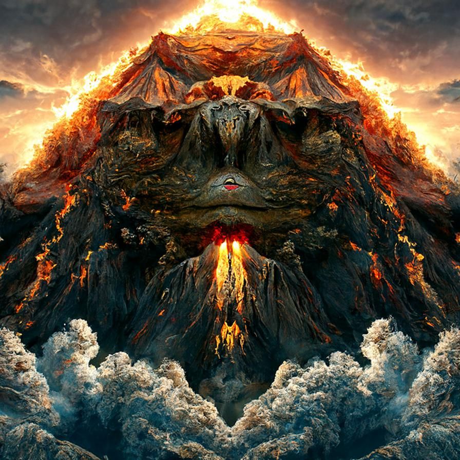 high quality photography, chibbified angry volcano with massive big ...