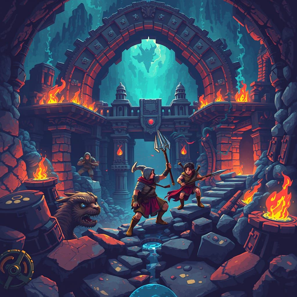 fantasy RPG. conquering dungeon. pixel art style